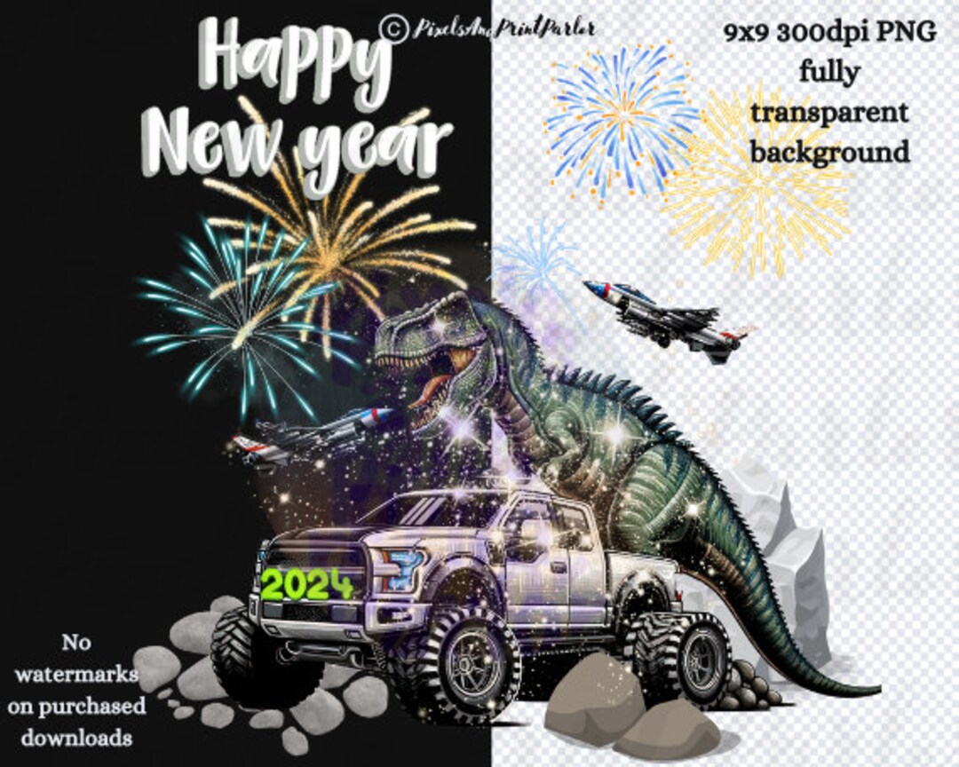 New Years Sublimation PNG, Dinosaur Celebration With Monster Pickup ...