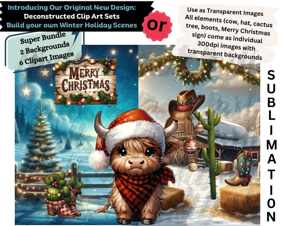 Highland Cow Christmas Clipart Bundle, Country Cow. Winter Clip Art Kit ...