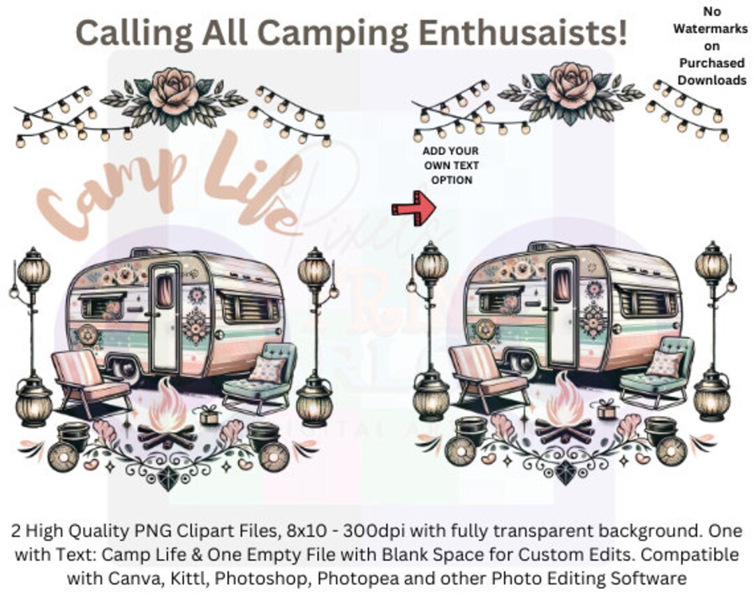 Retro Camp Life Clipart Bundle PNG. Camper Van Camping Scene ...