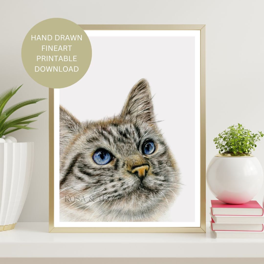 Cat Drawing - Tabby Cat Portrait Drawing - Cat Wall ART- PRINTABLE ...
