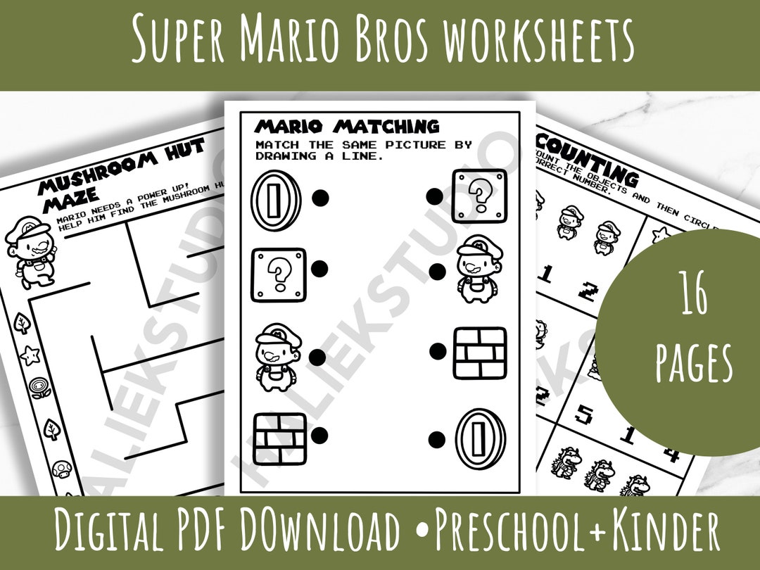 Pre-school Kinder Super Mario Bros Themed Worksheets - Etsy