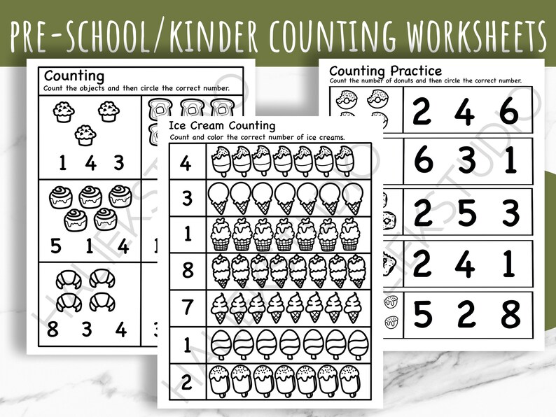 Pre-school Kinder Counting Worksheets - Homeschool, Worksheet Bundle ...