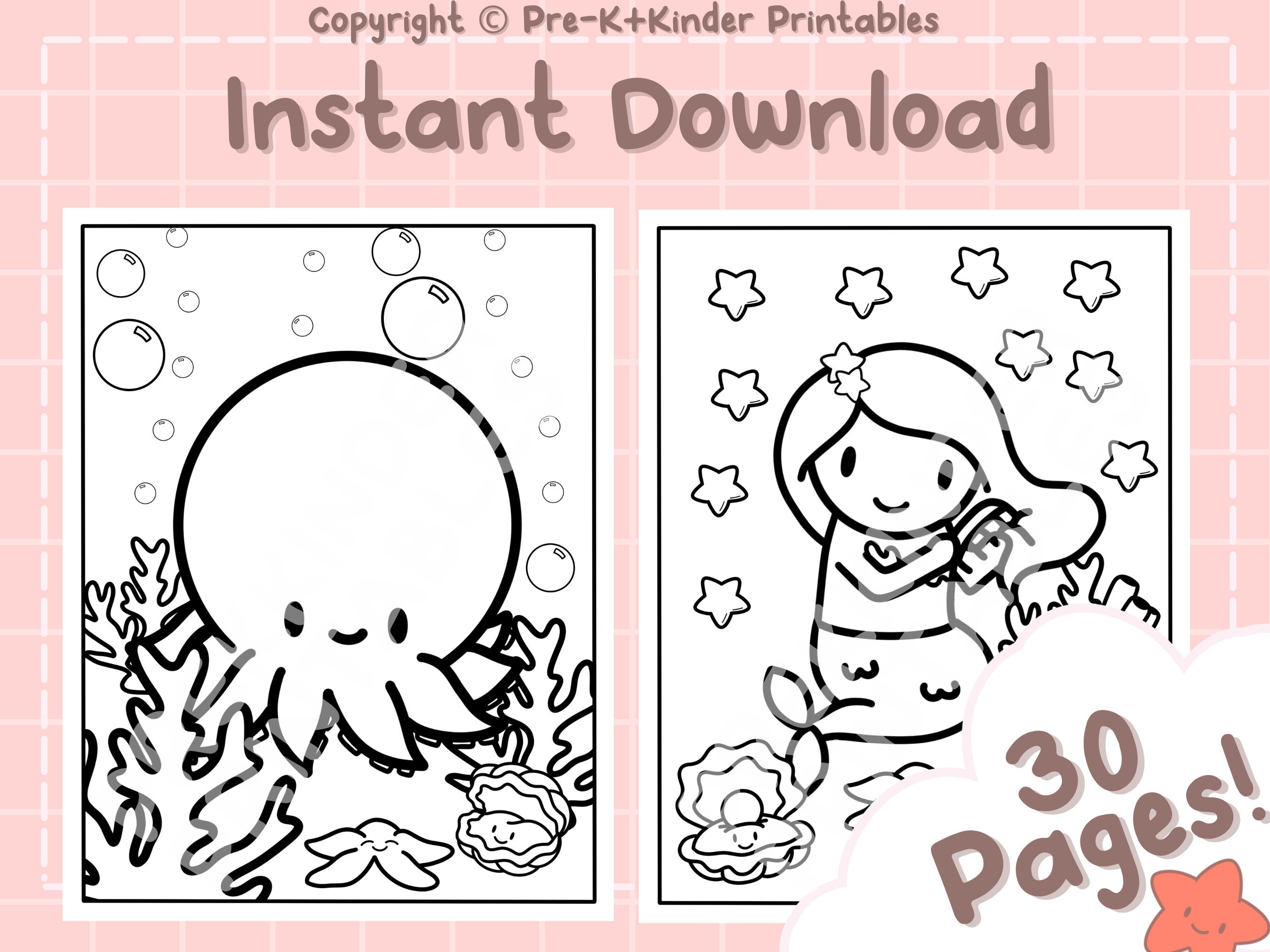 Kawaii Mermaid and Sea Animals Coloring Pages 30 Pages of - Etsy