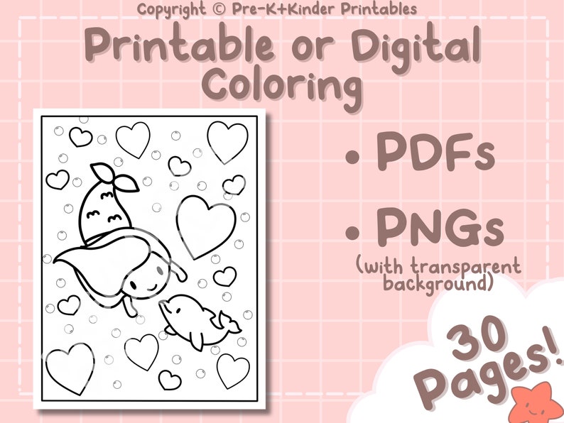 Kawaii Mermaid and Sea Animals Coloring Pages - 30 Pages of Printable ...