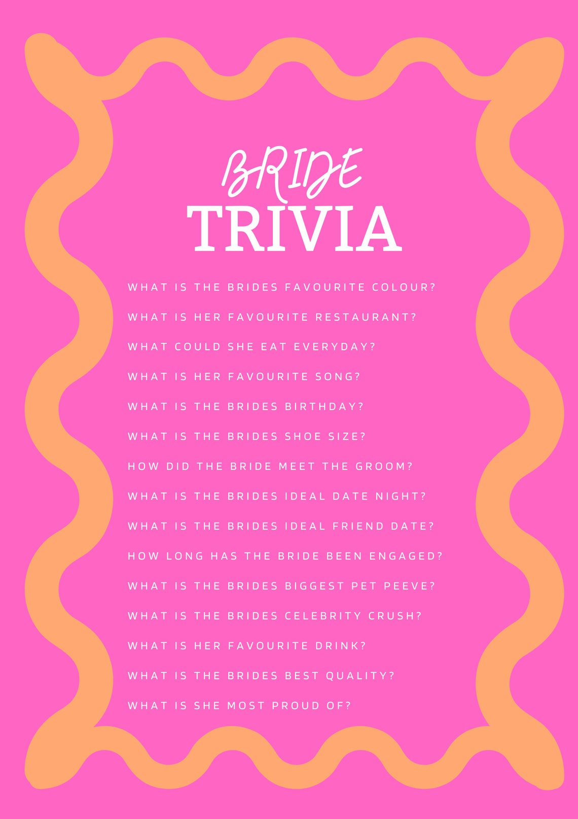 PASTEL Bridal Shower / Hens Party Game - Bride Trivia - PRINTABLE - Etsy
