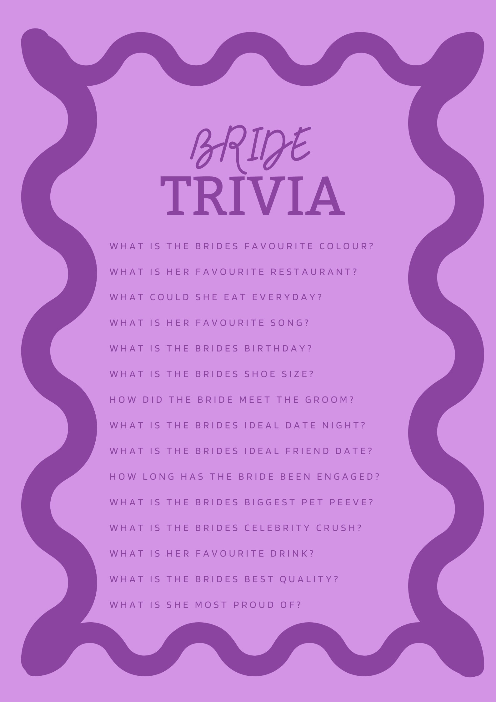 PASTEL Bridal Shower / Hens Party Game - Bride Trivia - PRINTABLE - Etsy