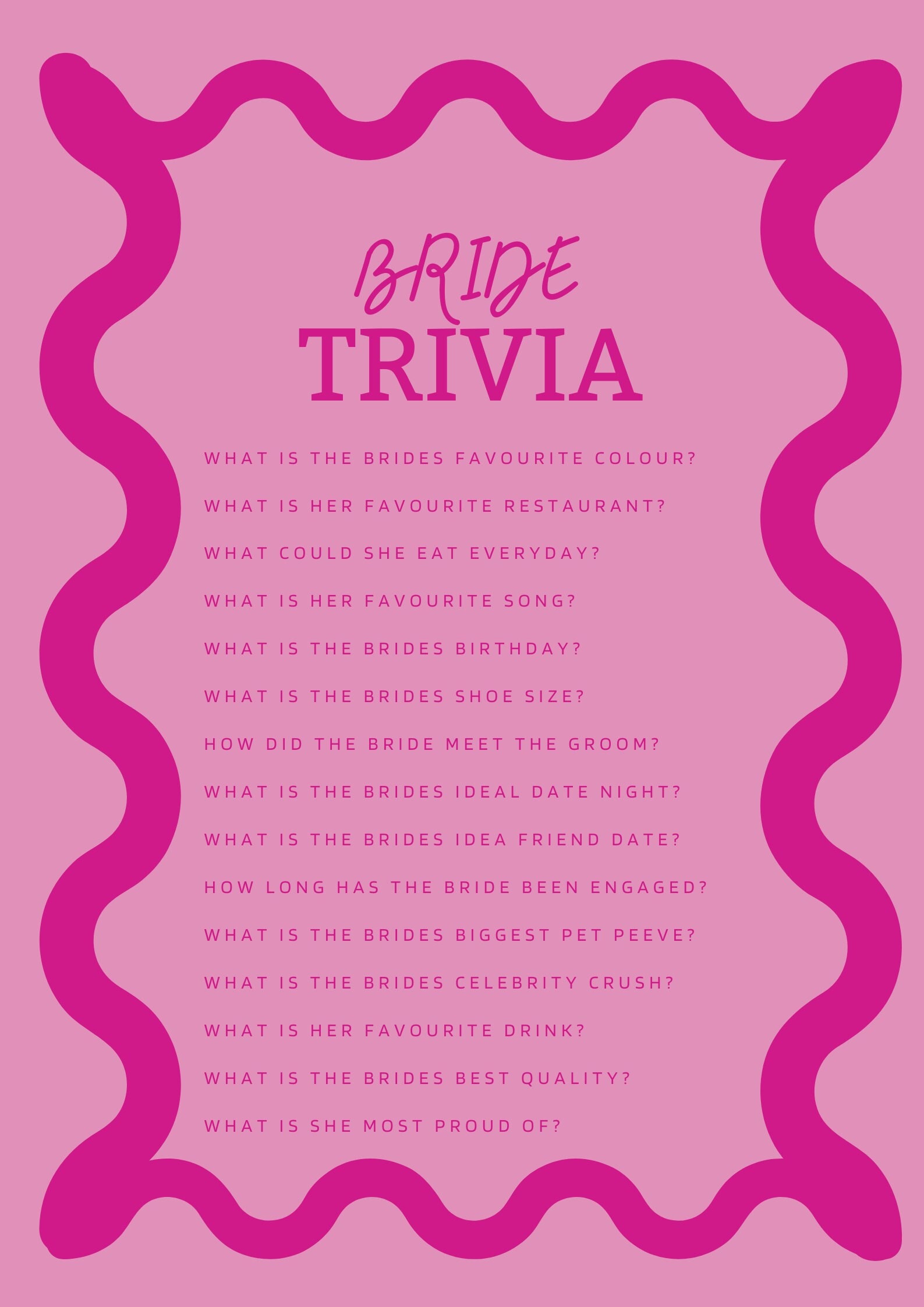 PASTEL Bridal Shower / Hens Party Game Bride Trivia PRINTABLE - Etsy