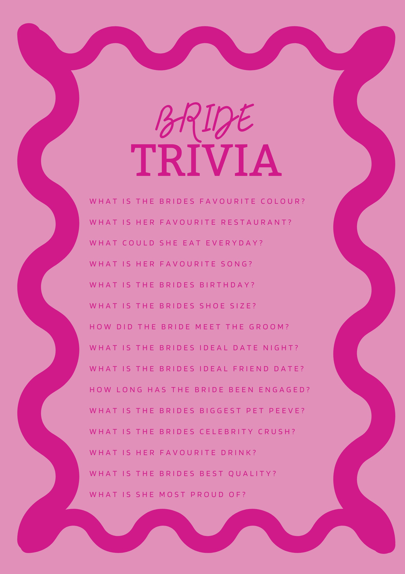 PASTEL Bridal Shower / Hens Party Game - Bride Trivia - PRINTABLE - Etsy
