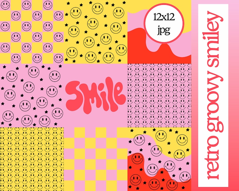 Retro/groovy Smiley Face Seamless Patterns/background Printable Digital ...