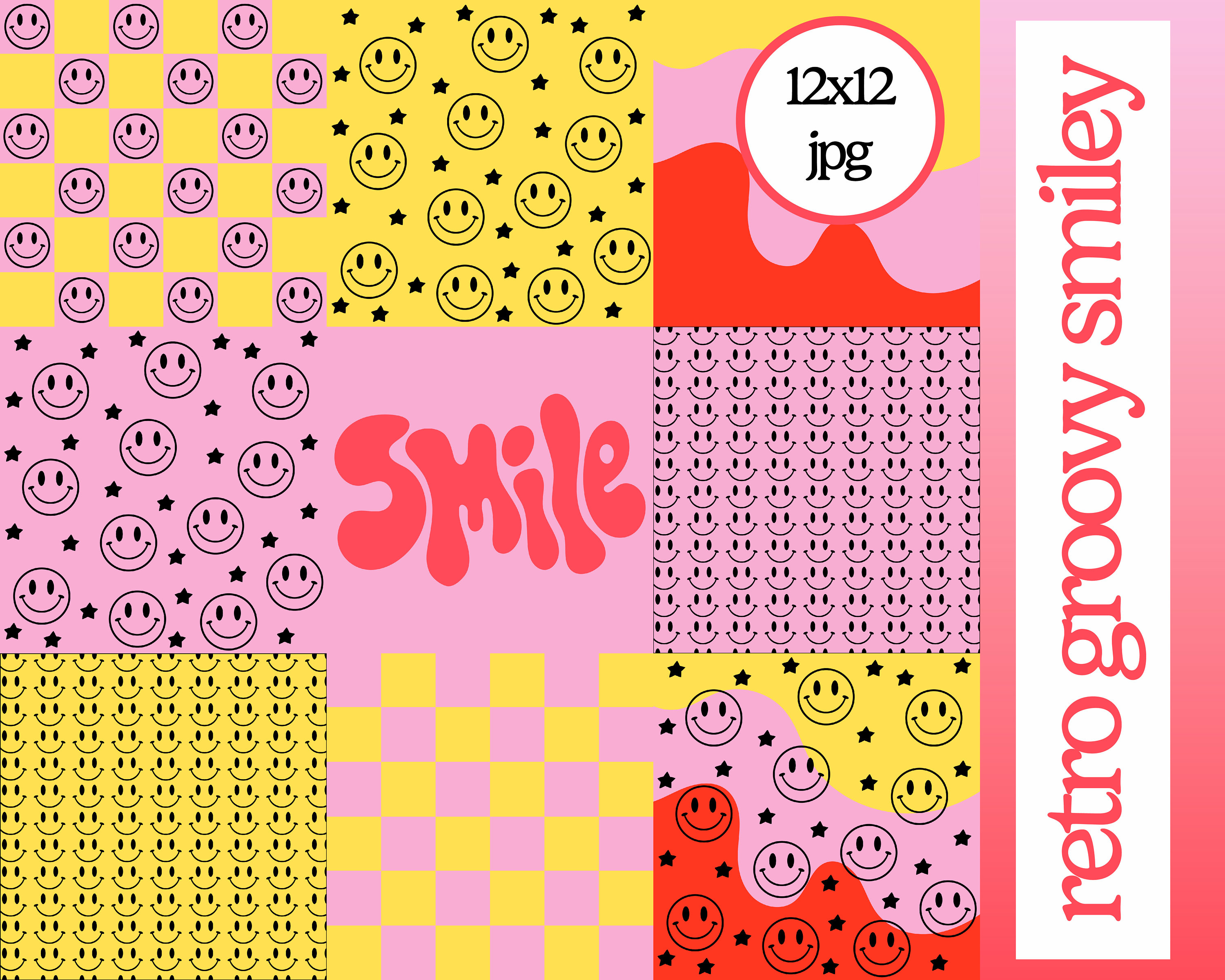 Retro/groovy Smiley Face Seamless Patterns/background Printable Digital ...