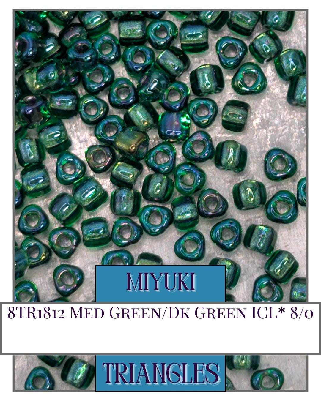 8TR1812 Med Green/dk Green Inside Color Lined* 8/0 Miyuki Triangle Seed ...