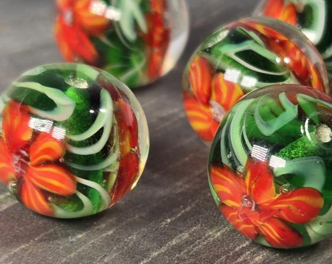 Set of 5 14mm Round Handmade Glass Focal Beads | Orange and Green ...