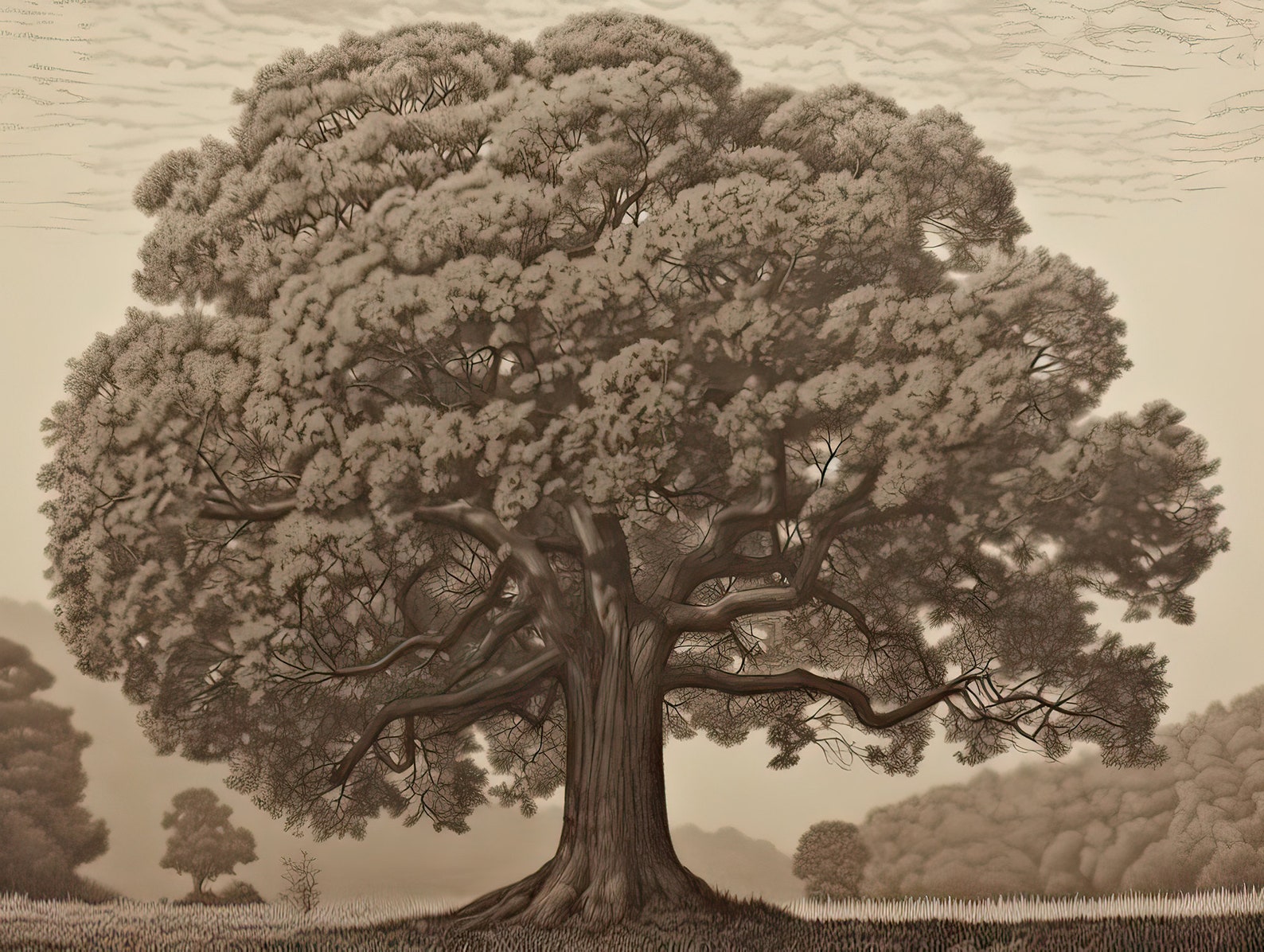 Vintage Oak Tree Digital Art Print, Rustic Wall Decor, Sepia Printable ...