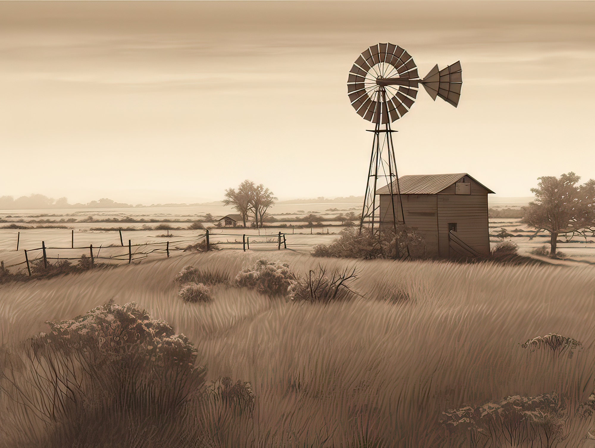 Printable Wall Art, Country Windmill Sepia Home Decor, Rustic Wall Art ...