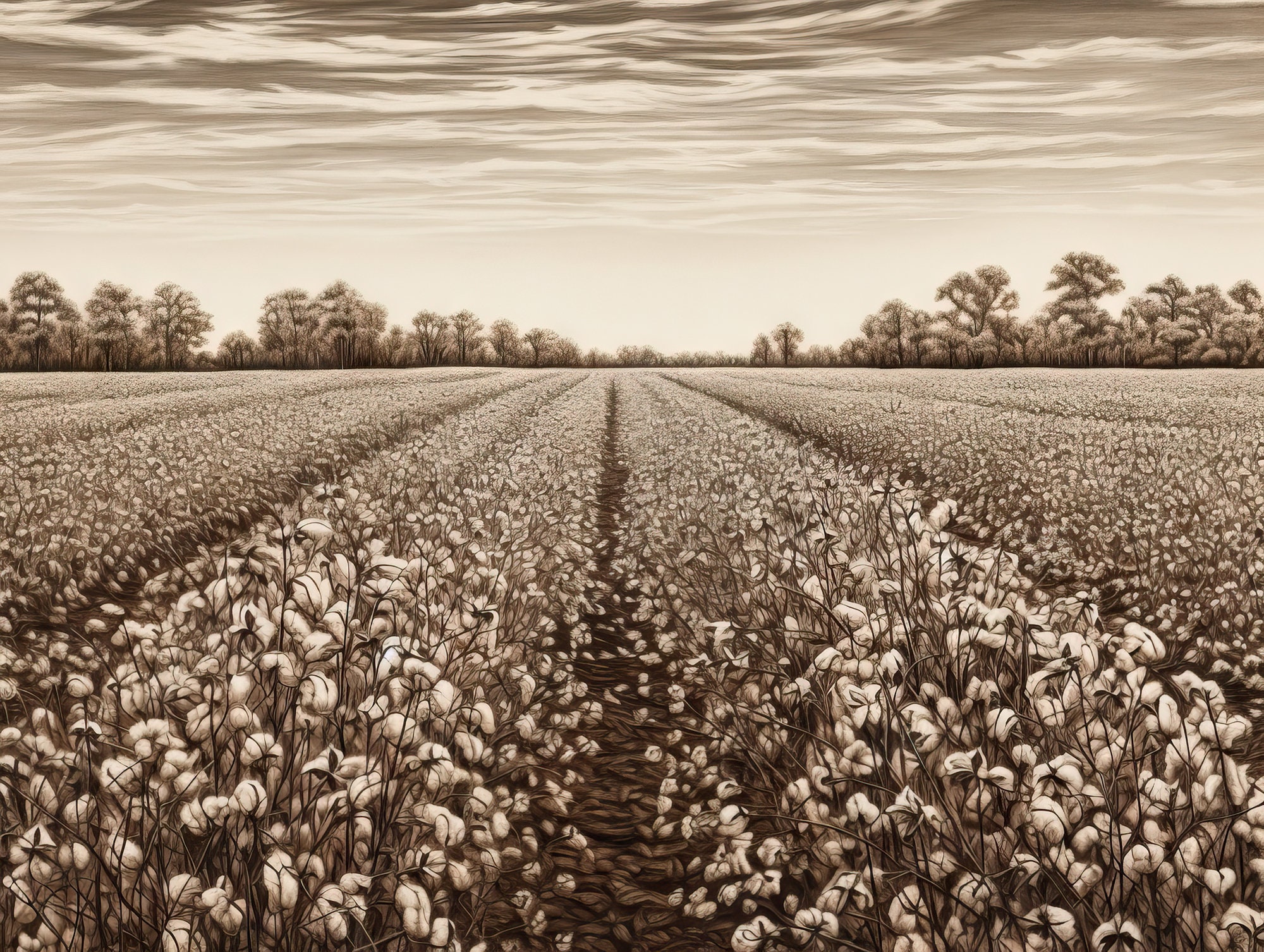 Printable Cotton Field Wall Art, Sepia Wall Art, Rustic Wall Decor ...