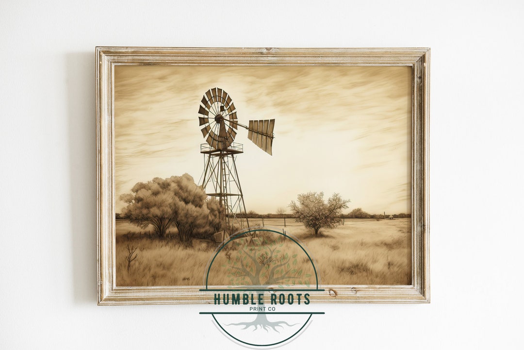 Printable Wall Art, Digital Vintage Windmill Print, Rustic Wall Decor ...