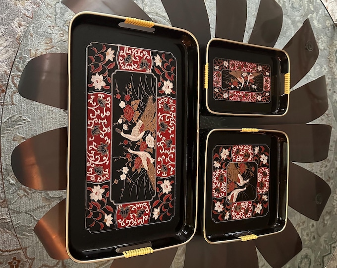 Vintage Japanese Lacquer Trays Floral Design - Etsy