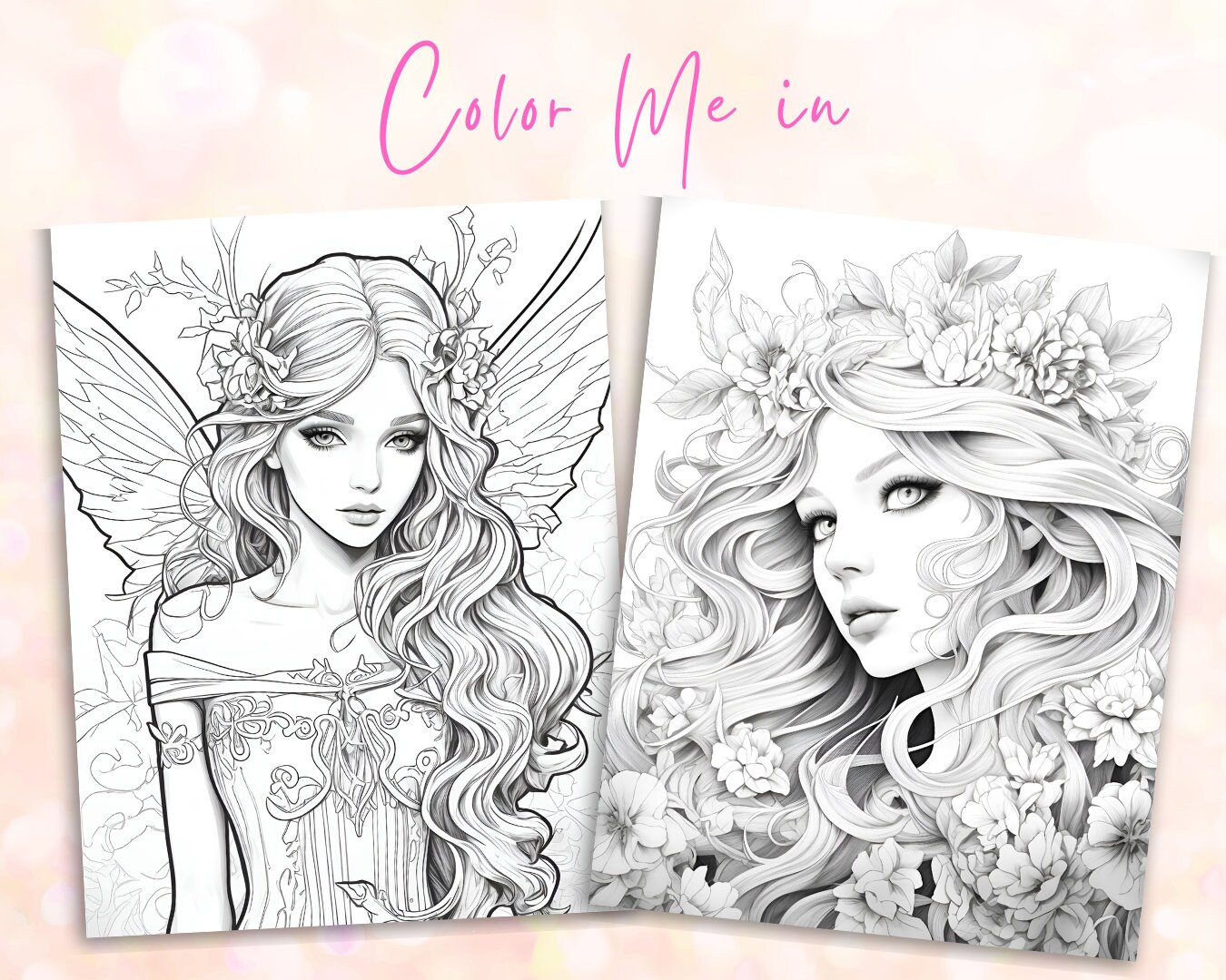 12 Flower Fairy Coloring Pages, Coloring Book for Adults, Fantasy ...