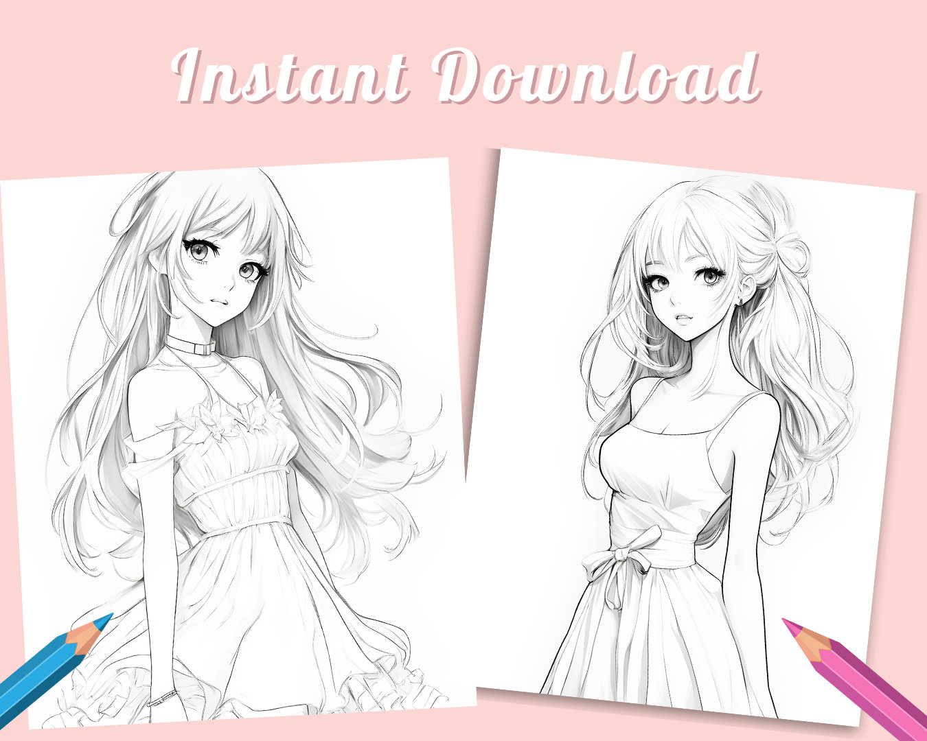 12 Kawaii Anime Coloring Pages, Cute Dresses, Adult Coloring Book ...