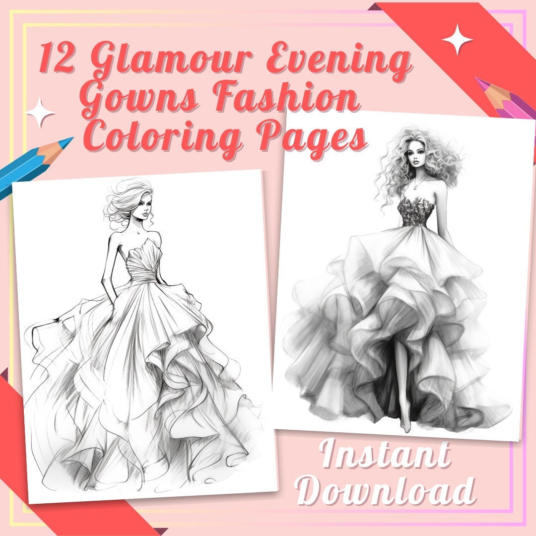 Glamour Evening Gowns Fashion Coloring Book | 12 Stunning Pages | Adult ...