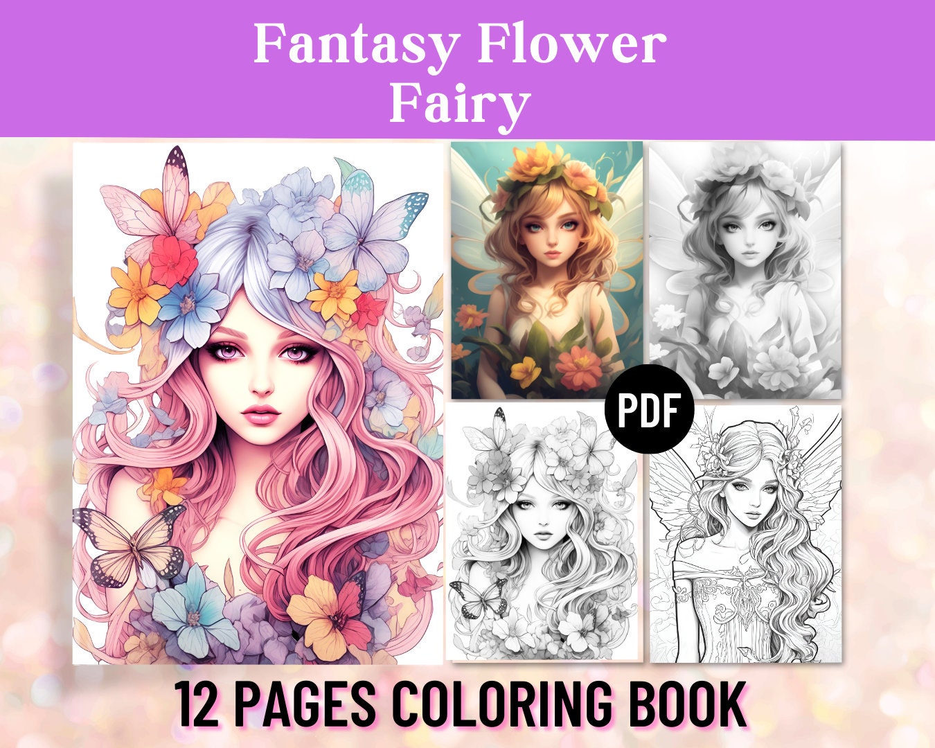 12 Flower Fairy Coloring Pages, Coloring Book for Adults, Fantasy ...