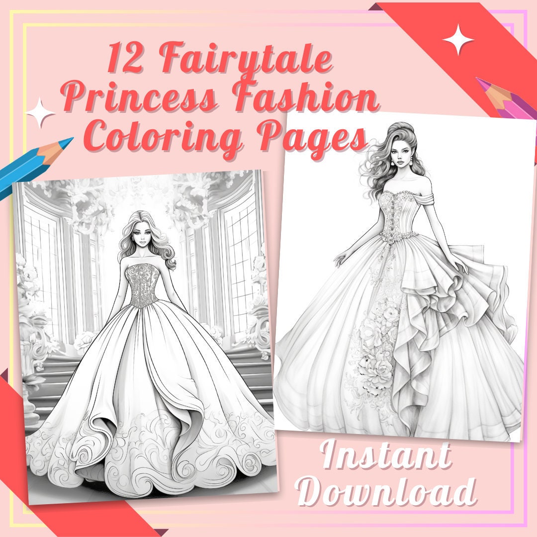 Fairytale Princess Fashion Coloring Book | 12 Beautiful Pages | Adult ...