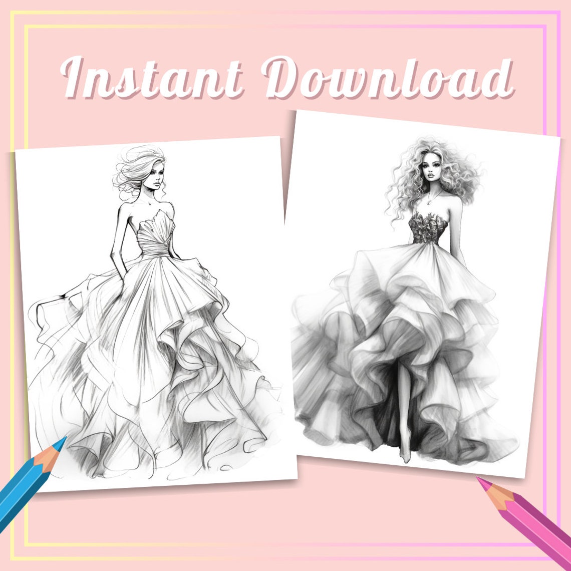Glamour Evening Gowns Fashion Coloring Book | 12 Stunning Pages | Adult ...