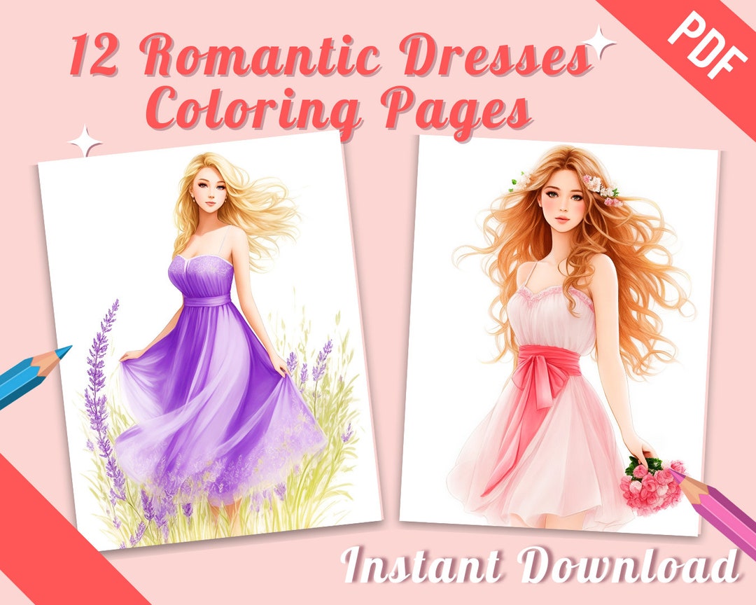 12 Romantic Dresses Coloring Pages,floral Dresses Coloring,adult ...
