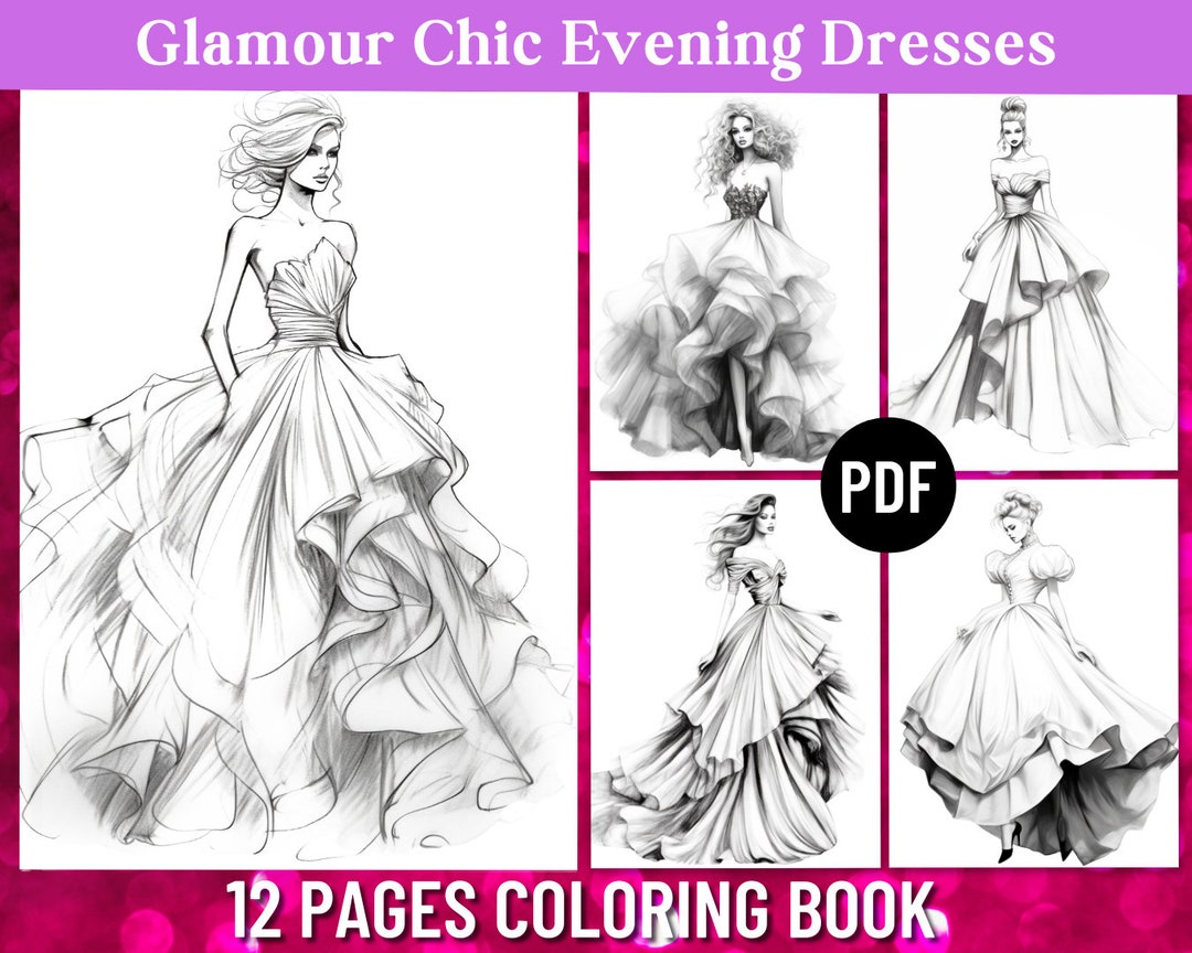 Glamour Evening Gowns Fashion Coloring Book | 12 Stunning Pages | Adult ...