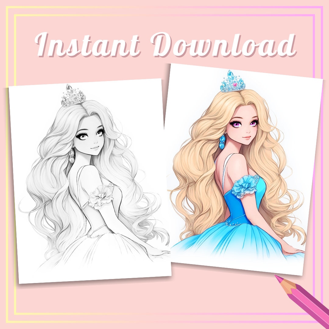 Enchanted Princess Coloring Book | 12 Beautiful Pages | Adult Coloring ...