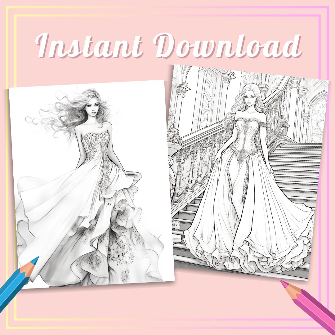 Fairytale Princess Fashion Coloring Book | 12 Beautiful Pages | Adult ...