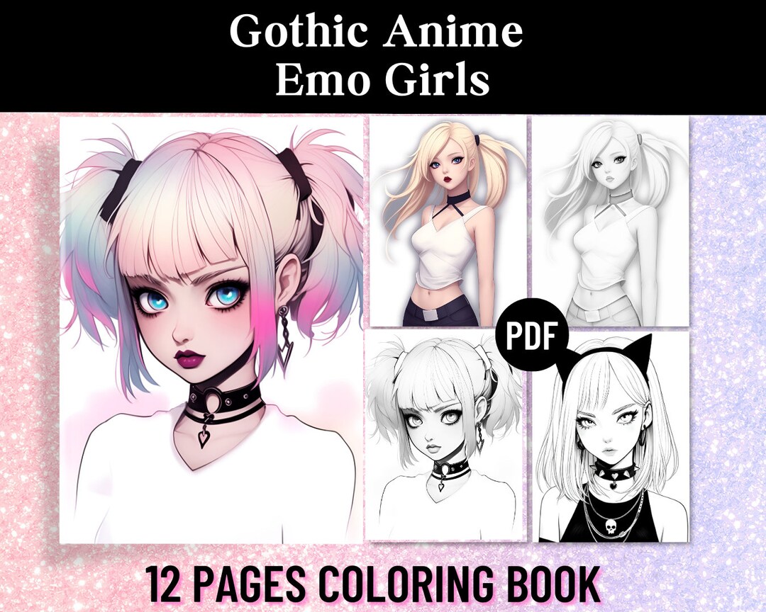 12 Gothic Anime Emo Girls Coloring Pages,adult Coloring Book,halloween ...