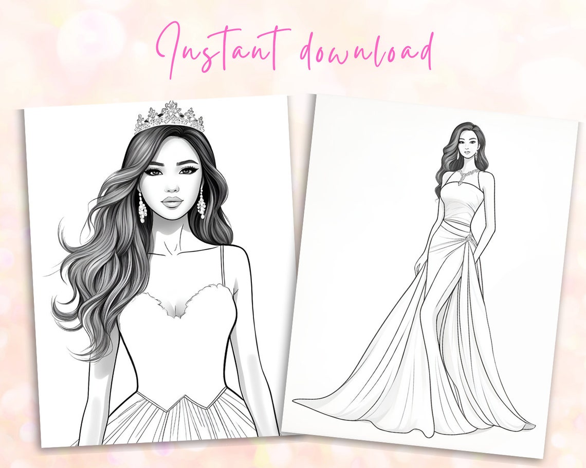 12 Asian Princess Coloring Pages, Adult Coloring Book, Princess Dresses ...