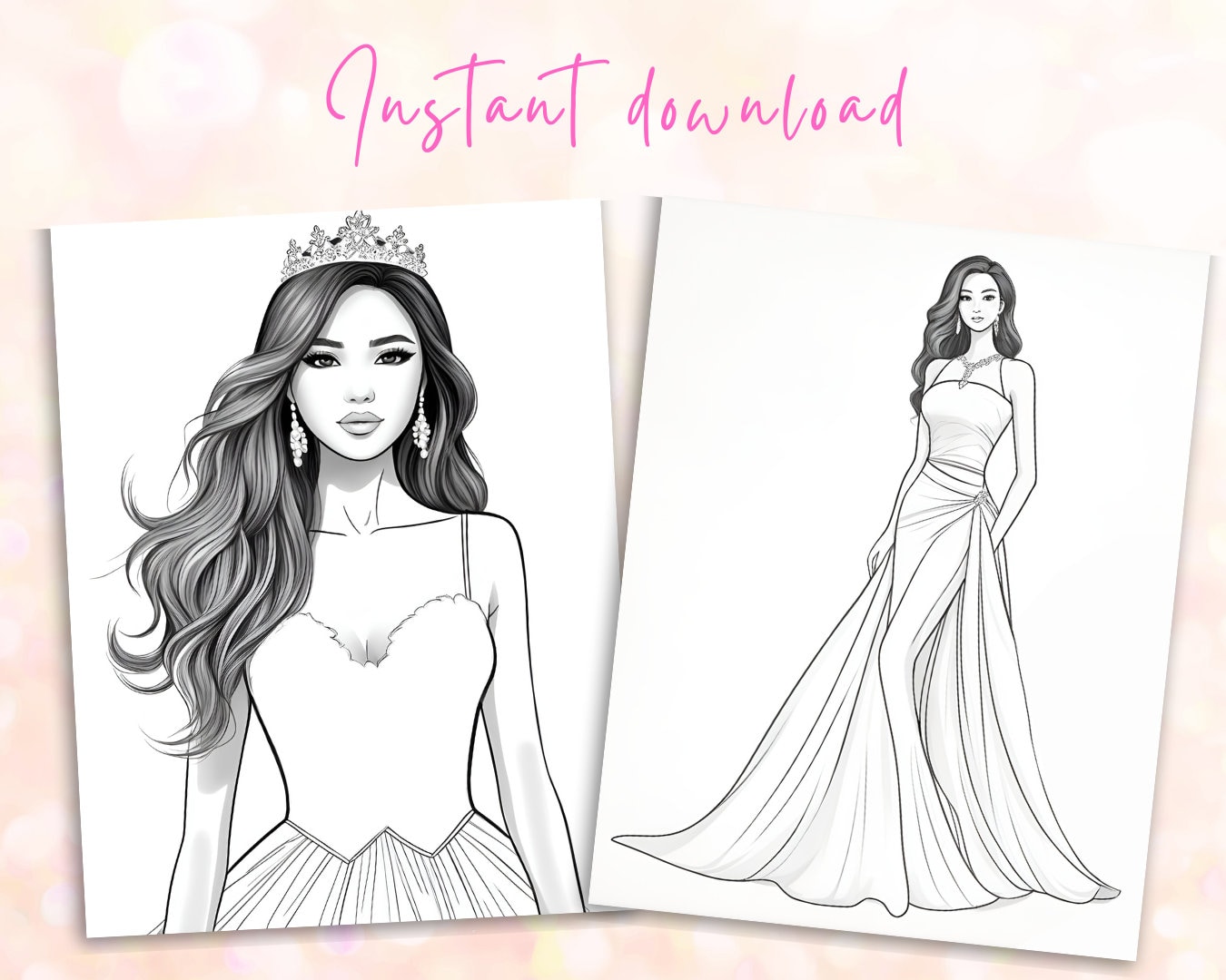 12 Asian Princess Coloring Pages, Adult Coloring Book, Princess Dresses ...