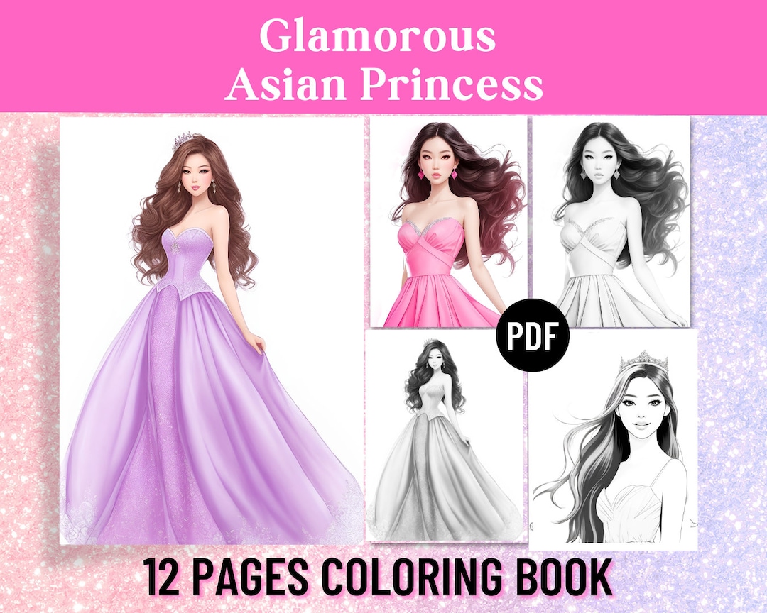 12 Asian Princess Coloring Pages, Adult Coloring Book, Princess Dresses ...