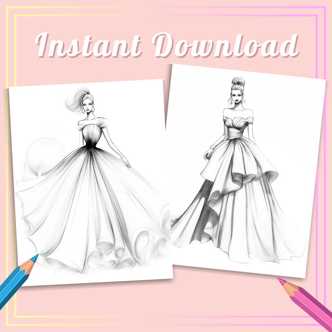 Glamour Evening Gowns Fashion Coloring Book | 12 Stunning Pages | Adult ...