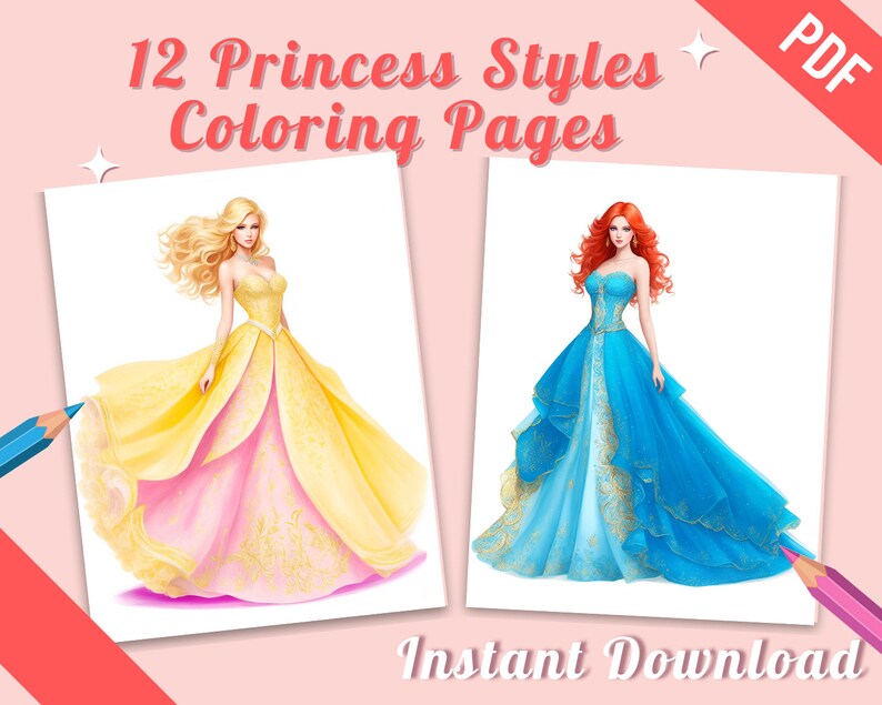 Princess Bundle Coloring Pages, Princess Fashion Illustrations ...