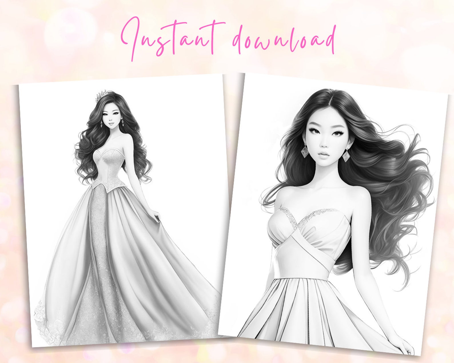 12 Asian Princess Coloring Pages, Adult Coloring Book, Princess Dresses ...