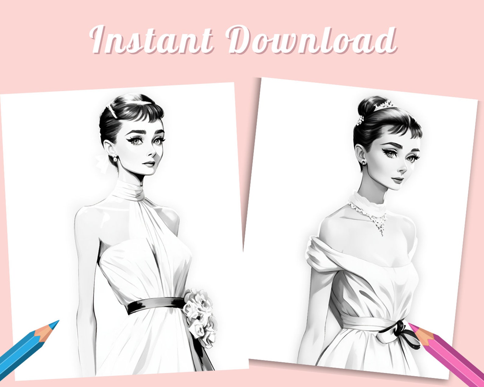 12 Elegant Hollywood Star Coloring Pages, 50's Dresses,adult Coloring ...