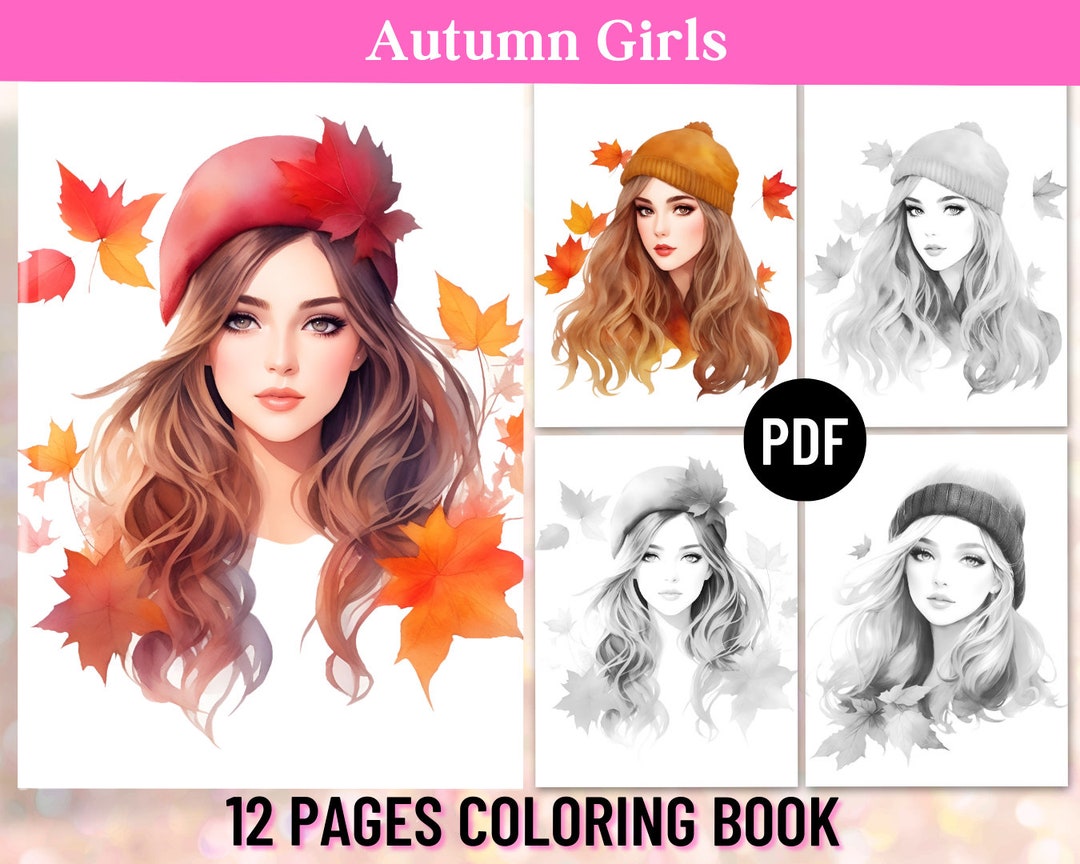 12 Autumn Girls Coloring Pages, Adult Coloring Book, Autumn Coloring ...