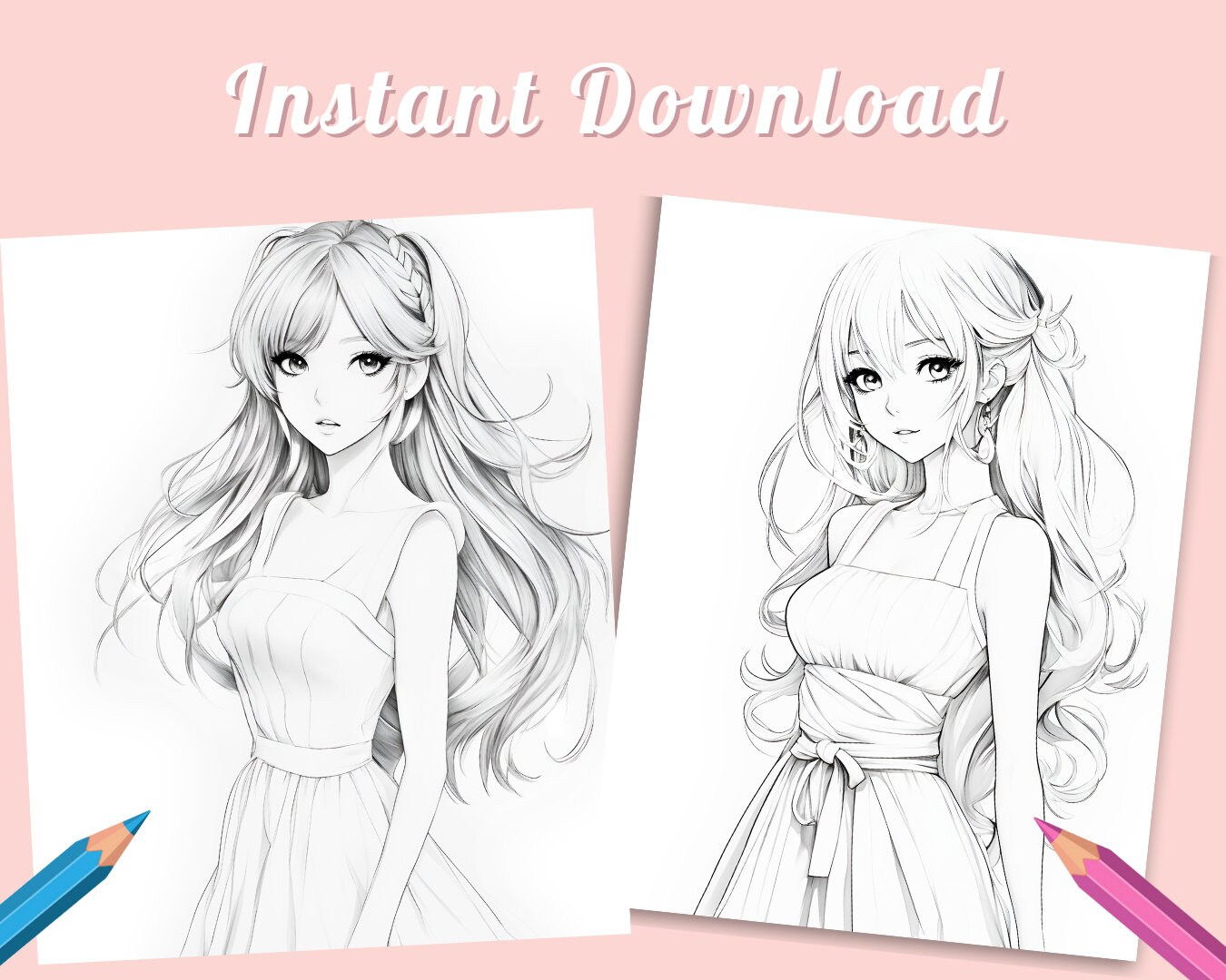 12 Kawaii Anime Coloring Pages, Cute Dresses, Adult Coloring Book ...