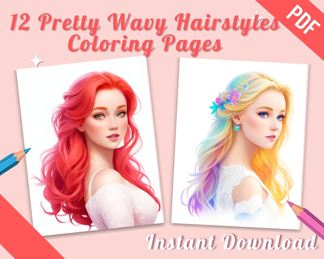 12 Pretty Hair Style Coloring Pages, Adults Coloring Book, Fashion ...