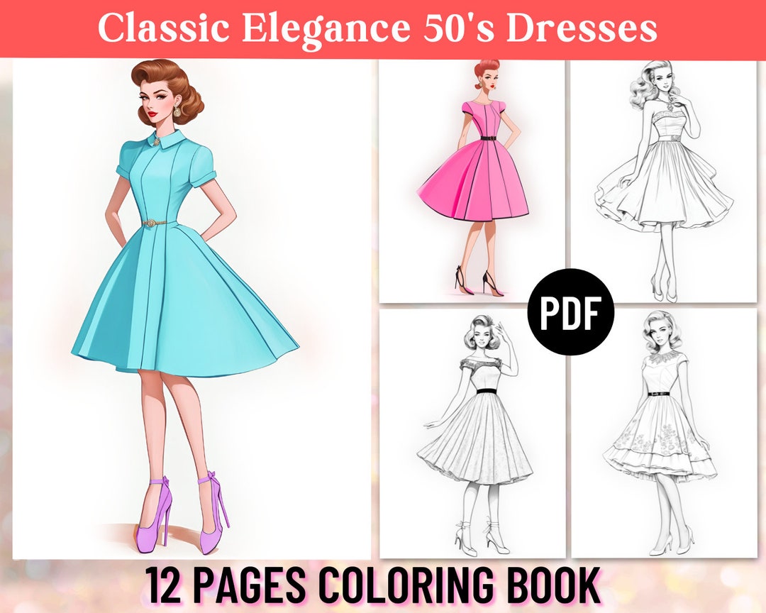 Vintage 1950s Dresses Fashion Coloring Book | 12 Stunning Pages | Adult ...