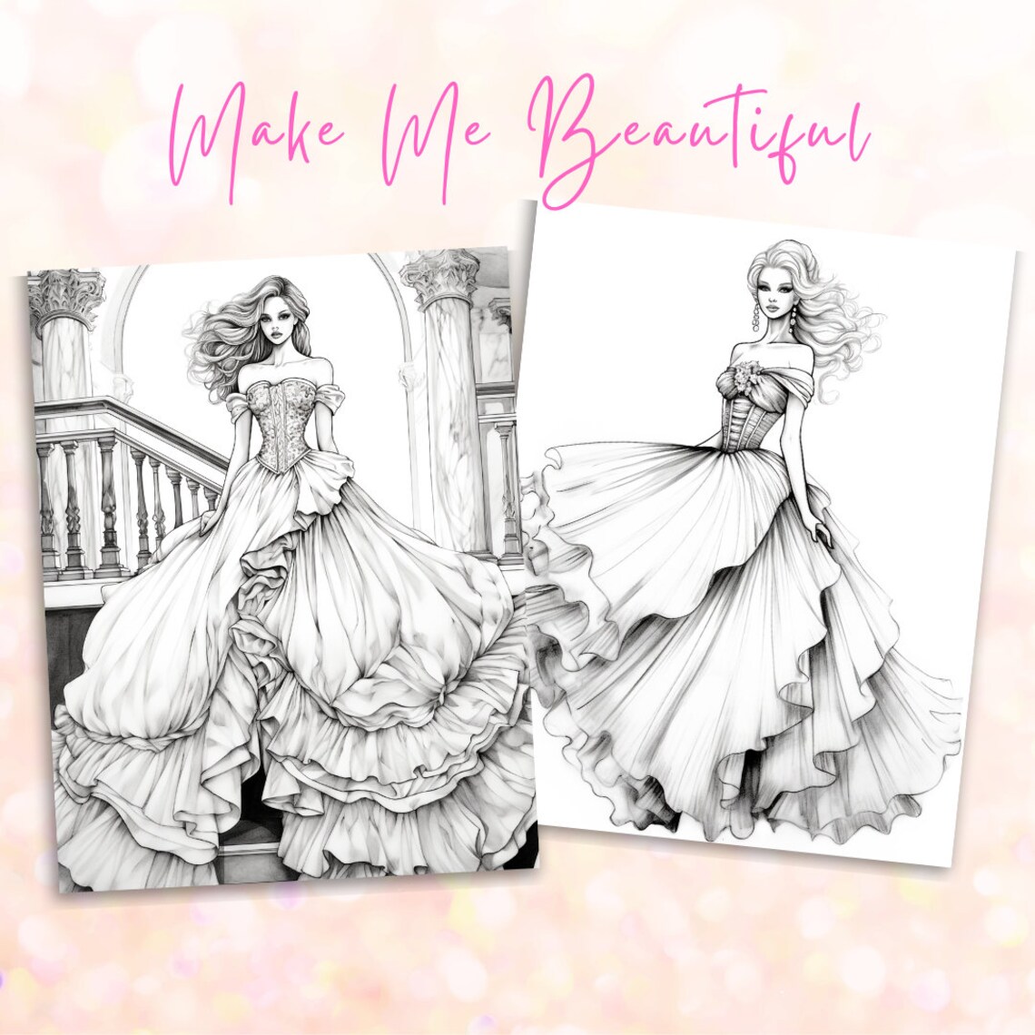 Princess Gowns Fashion Coloring Book 12 Beautiful Pages Adult Coloring ...