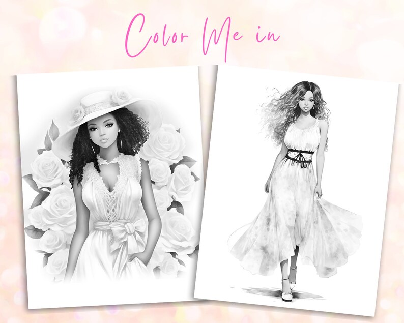 12 Black Women Romantic Fashion Coloring Pages, Coloring Book for ...