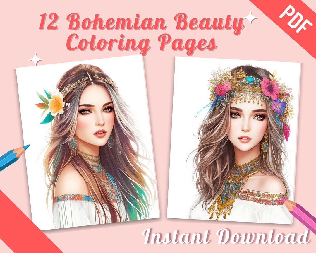 12 Bohemian Style Coloring Pages, Fashion Girls Coloring, Women Fashion ...