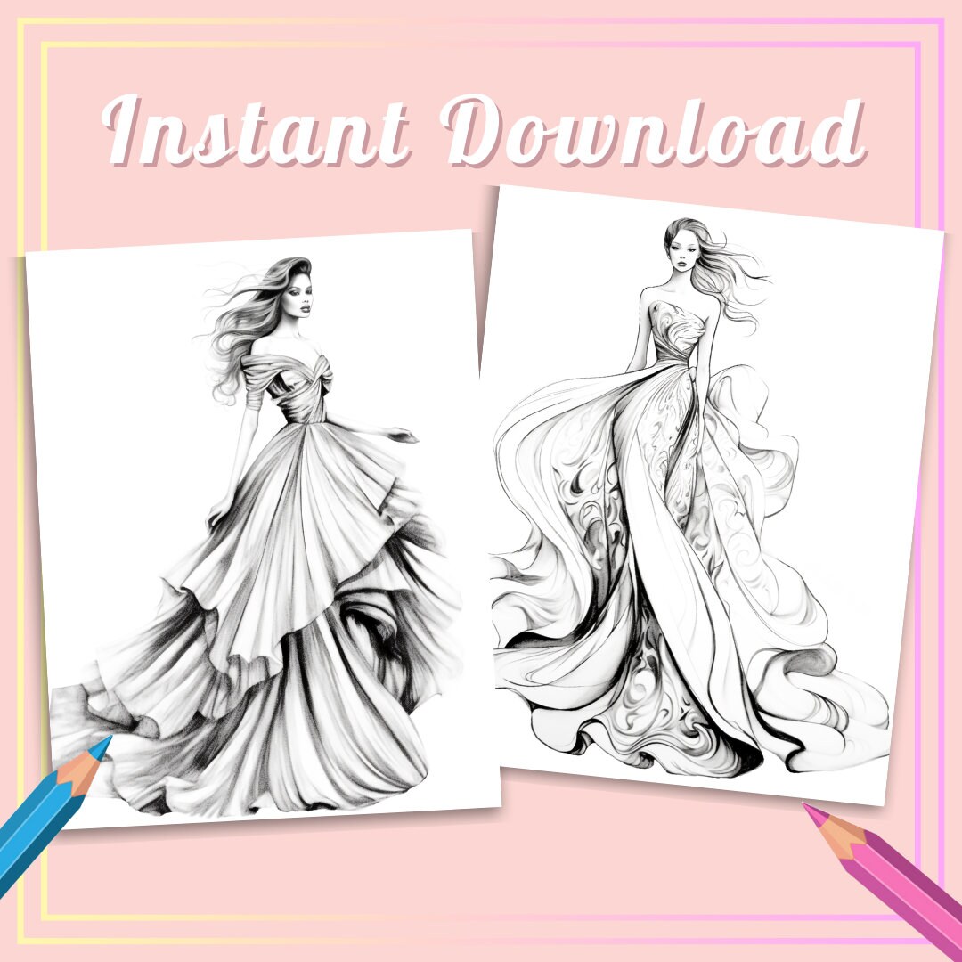 Glamour Evening Gowns Fashion Coloring Book | 12 Stunning Pages | Adult ...