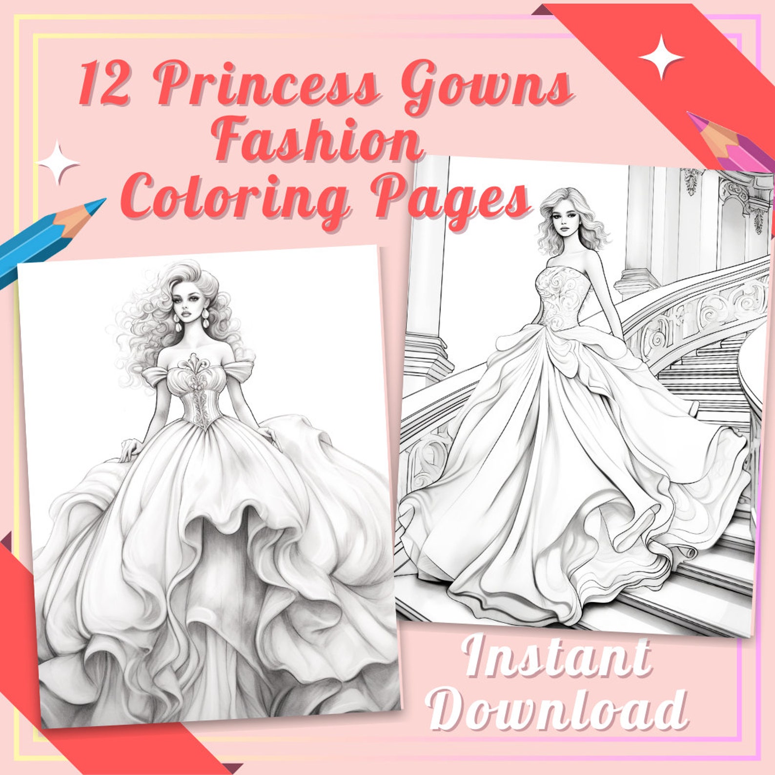 Princess Bundle Coloring Pages, Princess Fashion Illustrations ...