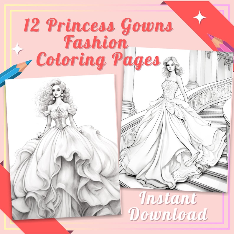 Princess Bundle Coloring Pages, Princess Fashion Illustrations ...