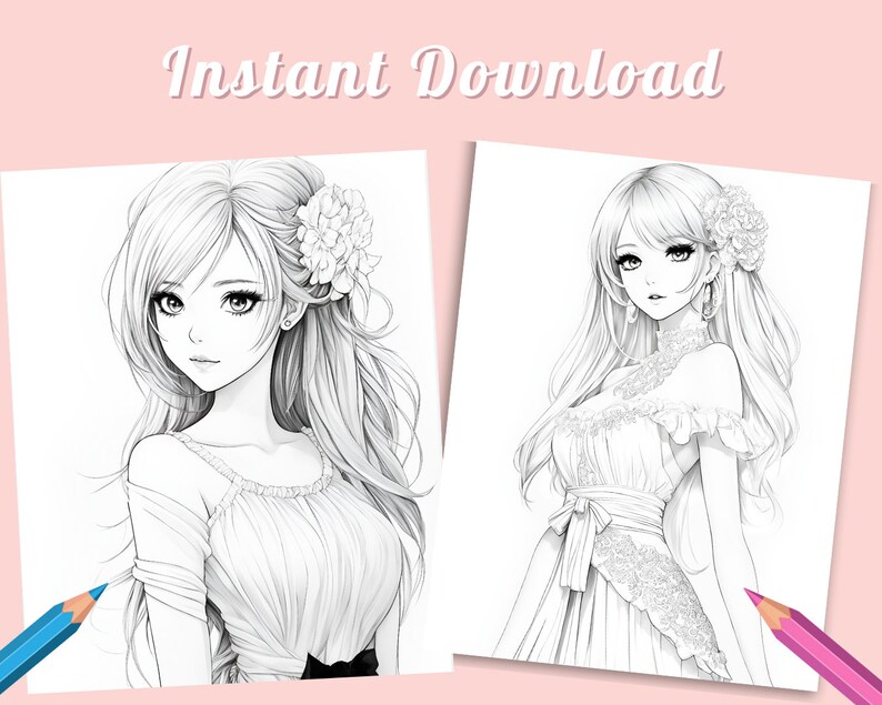 12 Kawaii Anime Coloring Pages, Cute Dresses, Adult Coloring Book ...